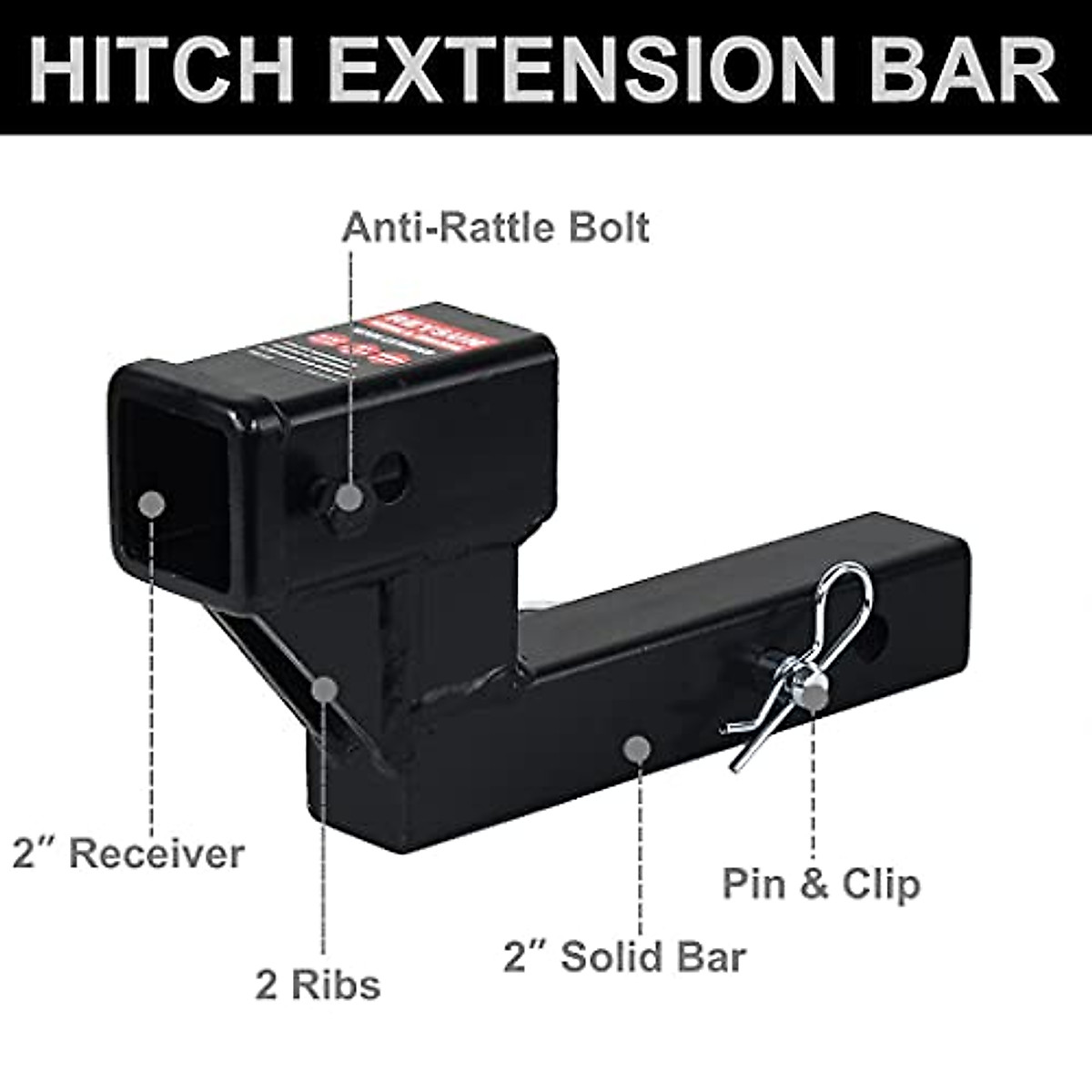 REYSUN 864122 Trailer Hitch Riser 2 inch Receiver Hitch Extension with 4-1/4 inch Rise/Drop, Solid Shank，Hitch Pin Kit Included…