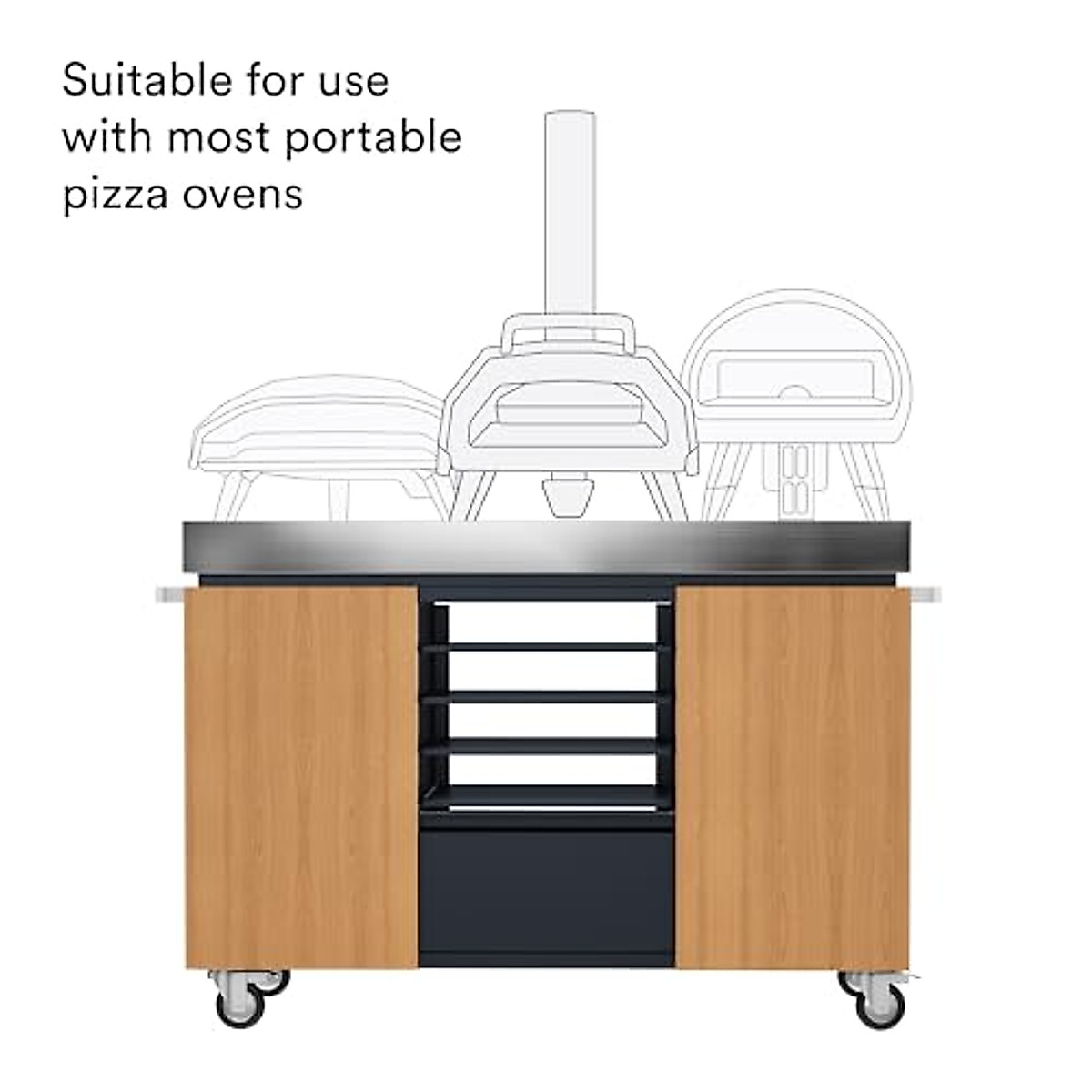 Everdure Pizza Oven Station - Preparation Cart with Stainless Steel Countertop, Four Slide Out Shelves, On Wheels for Portability