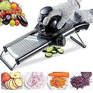Mandoline Slicer for Kitchen -VEKAYA Stainless Steel Vegetable Slicer for Potato, tomato and Onion, Carrot Julienne and Chopper for Vegetables with Gloves (BlacK)