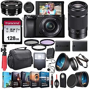 Sony Alpha a6100 Mirrorless Camera UHD 4K 2 Lens Kit (ILCE6100Y/B) with 16-50mm & 55-210mm Lens + Extra Battery + Flash + Wide Angle & Telephoto Lens + Filters + 128GB U3 V30 Memory Accessory Bundle