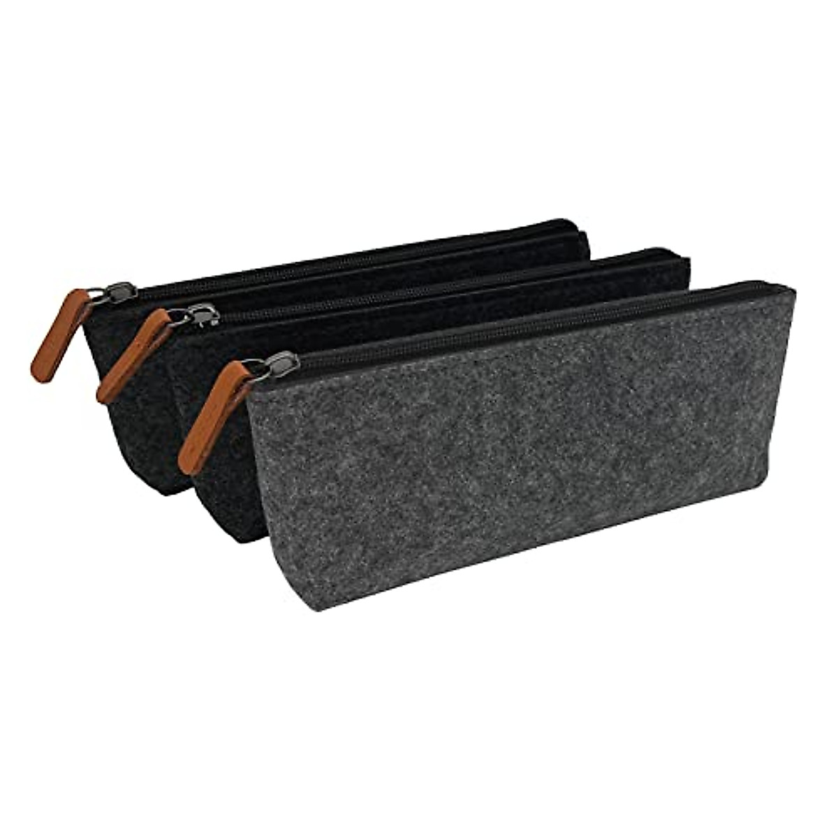 Suekiria Felt Pencil Case, 3-Pcs Pen Pouch, Small Pencil Bag with Zipper, Portable Stationery Holder, 8.6'' x 3.5'', Washable, Durable, Lightweight, High Capacity - Grey, Dark Grey