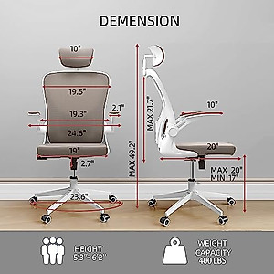 Lybaint Office Chair, High Back Ergonomic Desk Chair, Breathable Mesh Computer Chair with Flip-Up Armrests, Lumbar Support, Adjustable Headrest, 90°-125° Tilt Function, Recliner Chair for Home Office