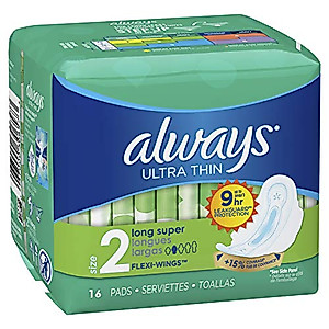 Always Ultra Thin Long/Super With Wings Unscented Pads, White, 16 Count