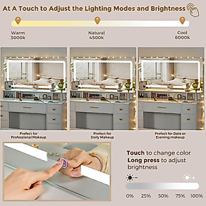 ANWBROAD Vanity Desk Set with Large LED Lighted Mirror Power Outlet Makeup Vanity Table 3 Color Lighting Modes Dressing Table with 5 Drawers and 2 Cabinets Cushioned Stool for Bedroom, White UBDT57W