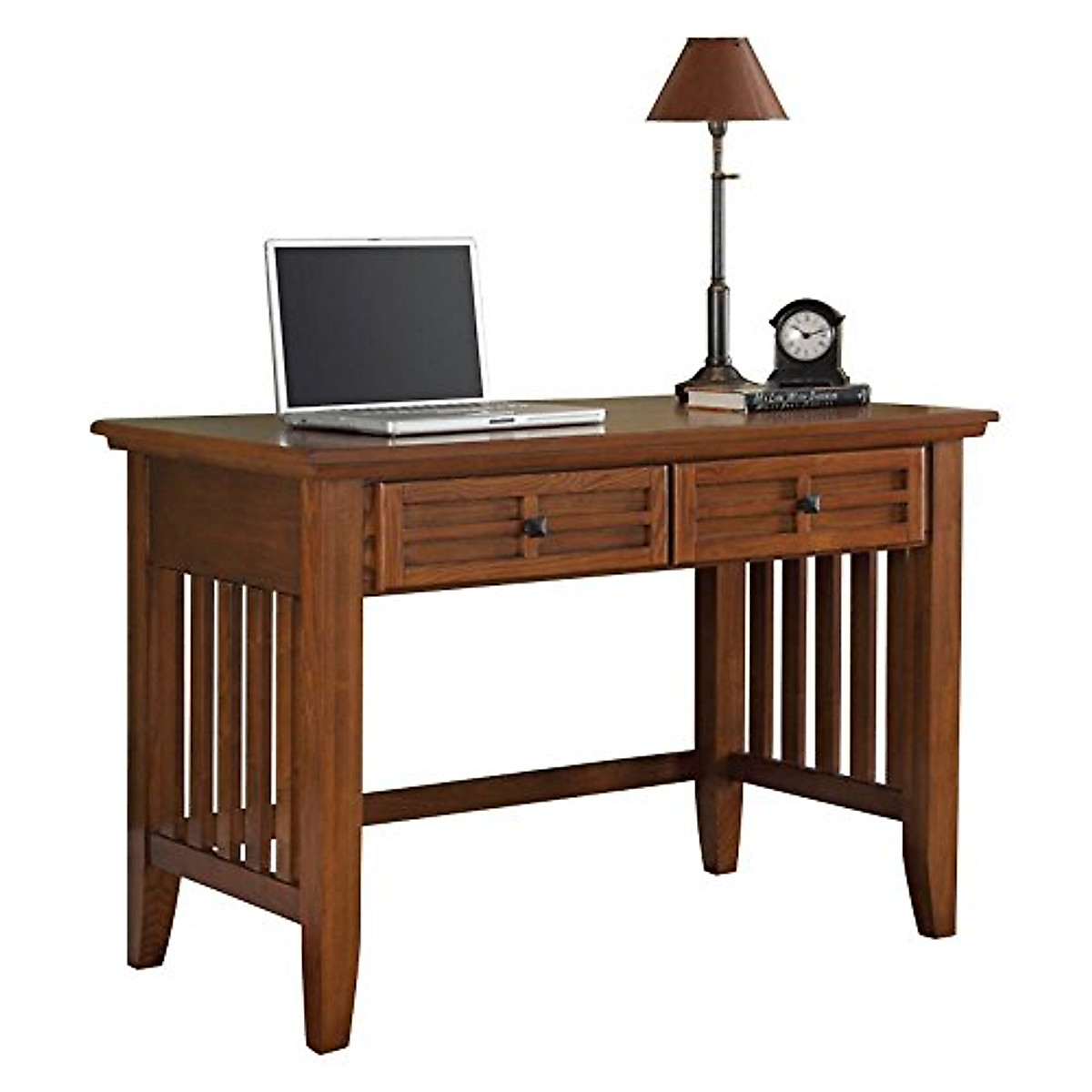 Home Styles Arts and Crafts Mission Style Student Desk Crafted from Hardwoods with Cottage Oak Finish, Black Finished Hardware, Slightly Flared Legs, Two Storage Drawers, Without Hutch