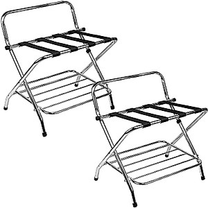 USTECH Luggage Rack-Double Tier with High Back, Chrome, Self Asssembly, Luggage Rack for Guest Room