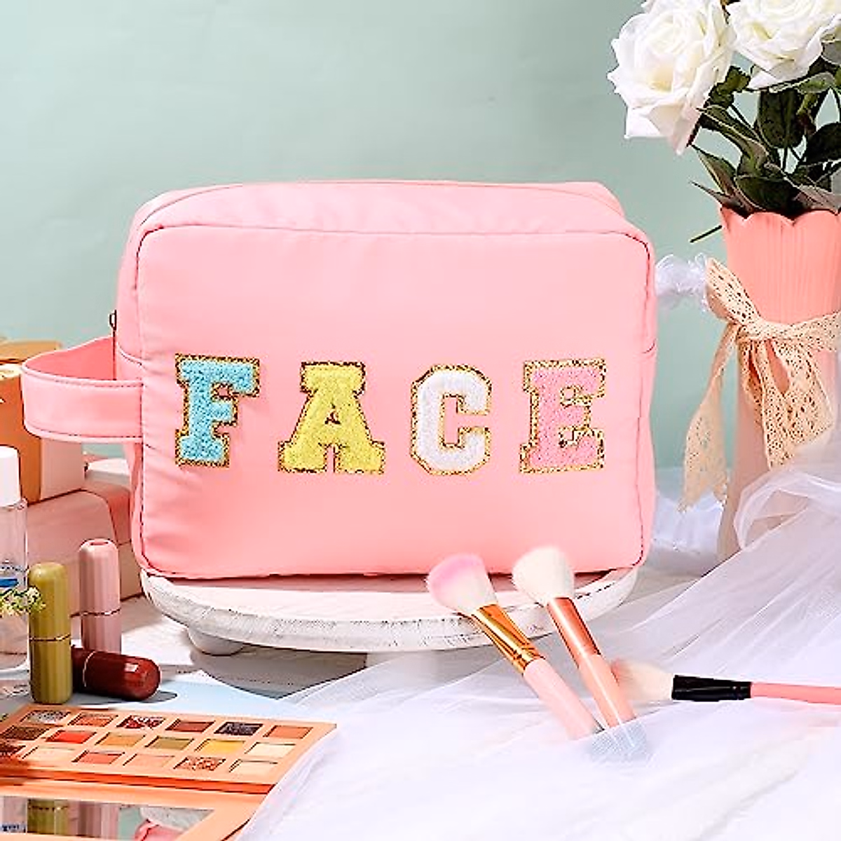 Cunno 4 Pieces Large Preppy Makeup Bag Chenille Letter Patch Makeup Bag 11x8x5 inch Nylon Cosmetic Bag Portable Zipper Face Bag Cute Girls Toiletry Bag for Women Travel (Letter Patches)
