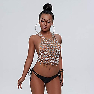 Aiosy Sparkly Rhinestone Body Chain Bra Silver Women Crystal Backless Chest Chains Bikini Halter Mesh Tops Layered Rave Outfits Jewelry Sexy Harness Body Accessories for Nightclub Festival Party Beach