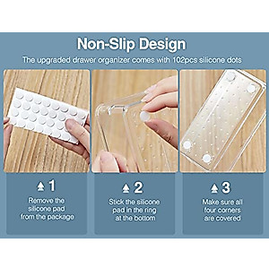 Puroma 25 PCS Drawer Organizer with Non-Slip Silicone Pads, 4-Size Versatile Vanity Drawer Storage Bins, Clear Plastic Drawer Organizer Trays, Customize Layout Organizer for Makeup and Bathroom Vanity
