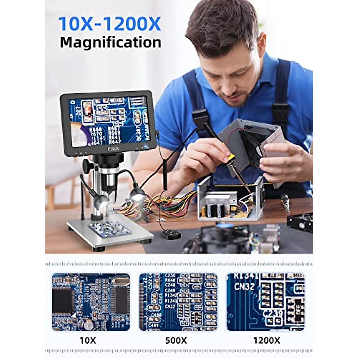Elikliv 7" LCD Digital Microscope 1200X, 1080P Coin Microscope with Wired Remote, 12MP Ultra-Precise Focusing, 10 LED Fill Lights, PC View, Metal Stand, Windows/Mac Compatible, 32GB