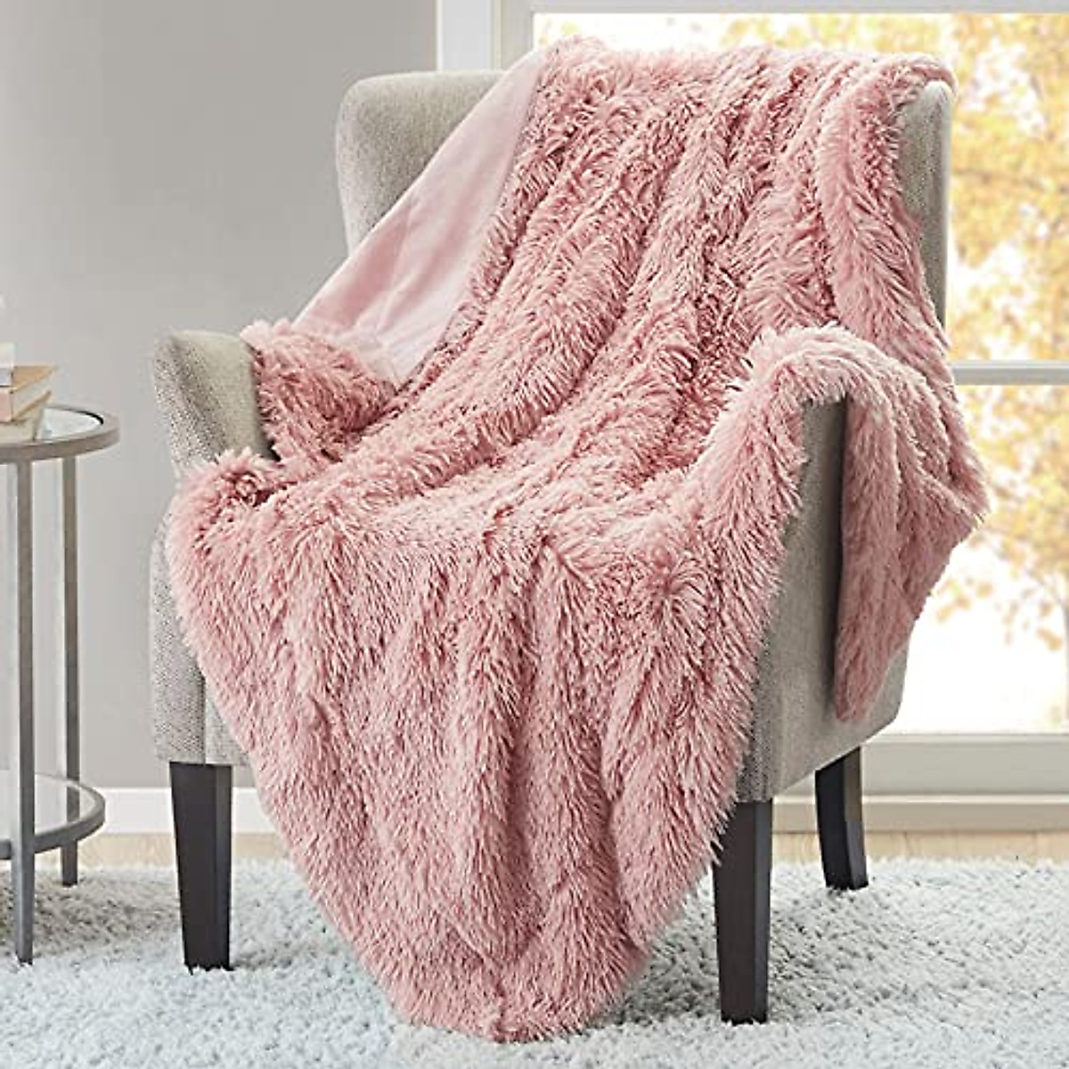 Hyde Lane Blush Pink Throw Blanket for Couch Sofa, Reversible Ultra Soft Faux Fur Fluffy Fuzzy Throw Blankets - 50x60 Rose Gold