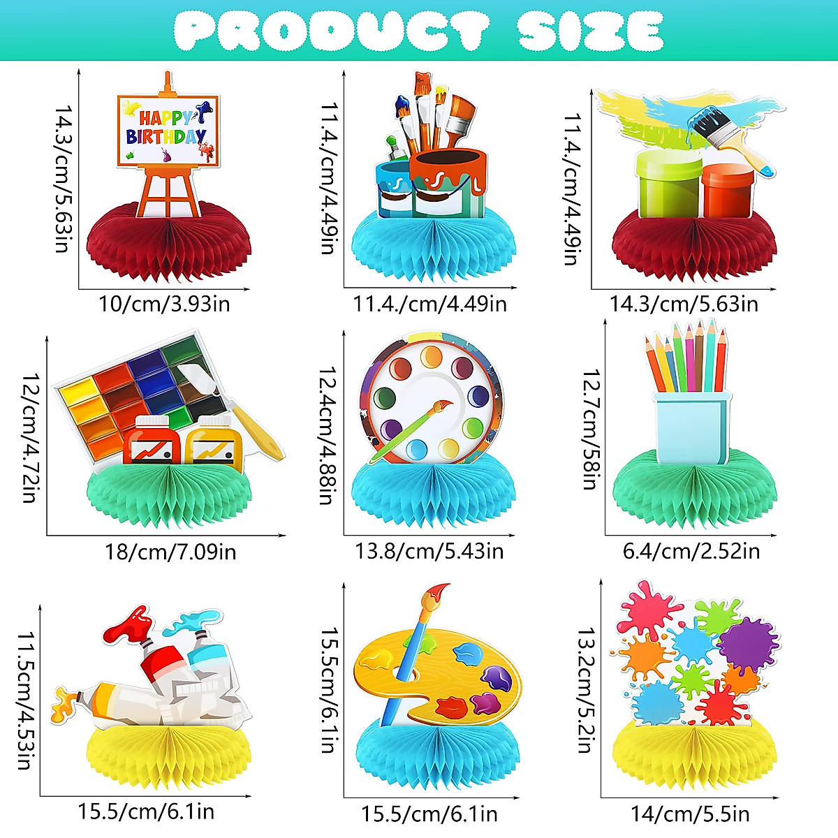 9 Pieces Paint Party Decorations Art Birthday Party Honeycomb Centerpieces Sip and Paint Party Supplies for Art Birthday Party Favor Photo Booth Props