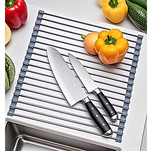 Roll Up Dish Drying Rack 14.5”(L) x 14”(W) Stainless Steel and Silicone Dish Drying Mat Over The Kitchen Sink Foldable Drain Rack Multipurpose Dish Drainer Fruits and Vegetable Rinser (Gray)