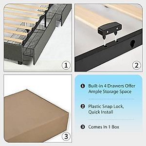 ClouDDwell Queen Bed Frame with RGBW LED Lights, Upholstered Headboard & 4 Storage Drawers, Thickened Hardwood Slats, Dark Grey