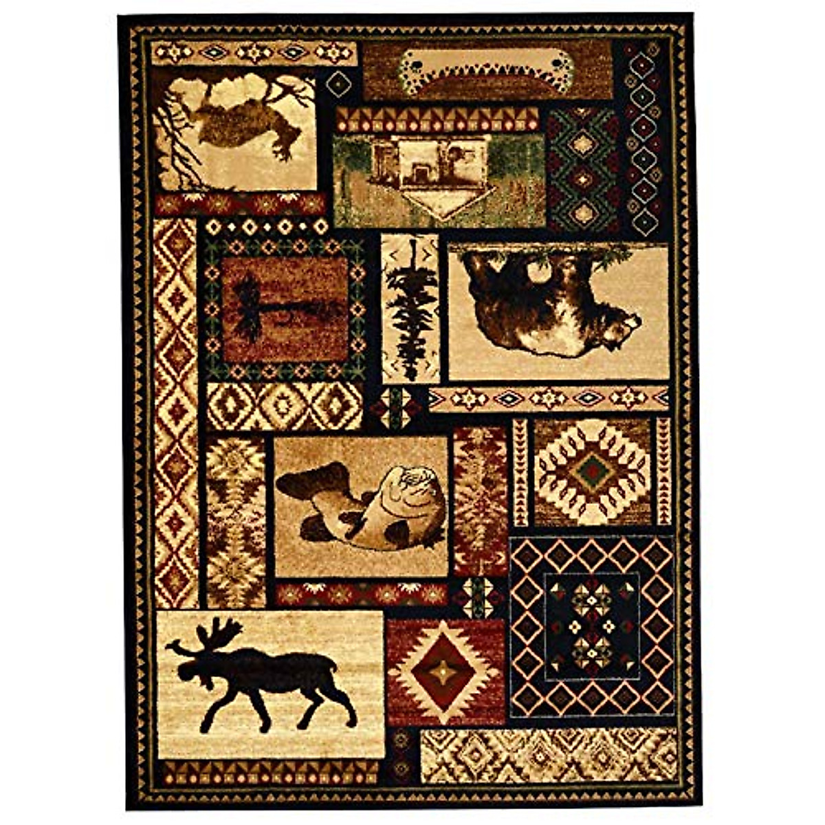 HR Cabin 906 Nature and Animals Area Rug 5'2" x 7'2" Contemporary Geometric Design Fish/Moose/Bear/Lodge
