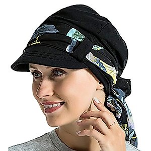 JarseHera Chemo Hats for Women Bamboo Cotton Lined Newsboy Caps with Scarf Double Loop Headwear for Cancer Hair Loss Black