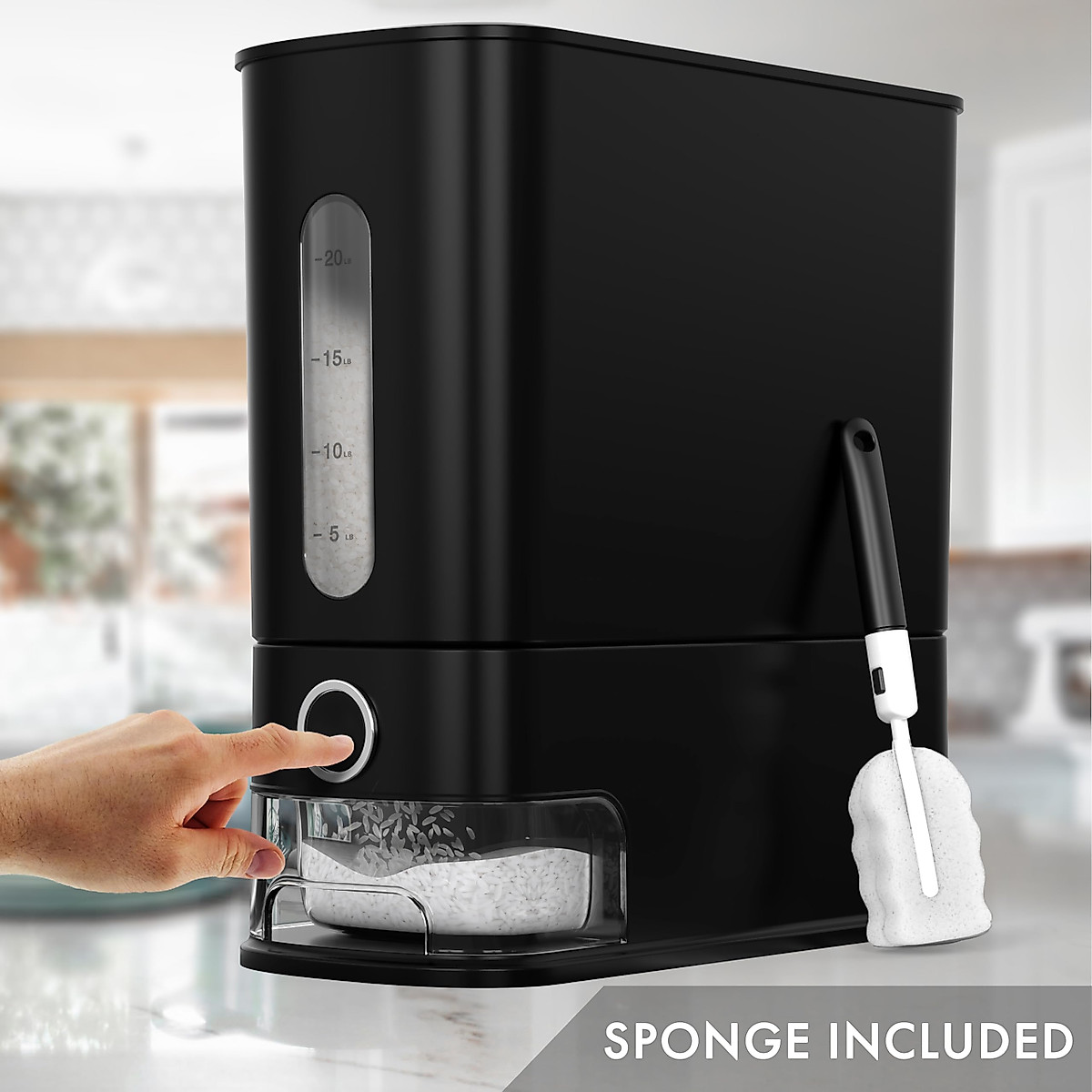 Retail Blade Rice Dispenser - 26.5 lbs Rice Storage Container with Measuring Cup, Rice Scoop & Sponge – Large Cereal Grain Bucket with Scale for Kitchen Pantry Organization, BPA-free, Airtight (Black)