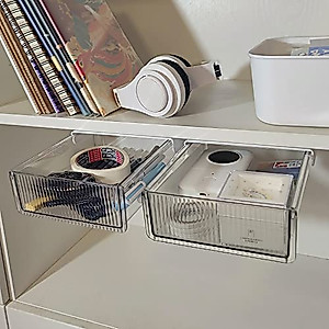 YJMZ Under Desk Drawer 2 Pack.Hidden Self-Adhesive Desk Drawer Slide out, Stick on Drawer Under Desk Organizer for Desk/Closet/Bookcase/Kitchen Cabinet etc. Acrylic (Clear S + Clear S)