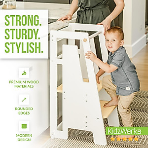 KidzWerks Modern Toddler Tower, Montessori Kitchen Step Stool, Sleek Modern Design Adjustable Standing Platform for Kitchen Counter - White/Wood Modern Standing Tower