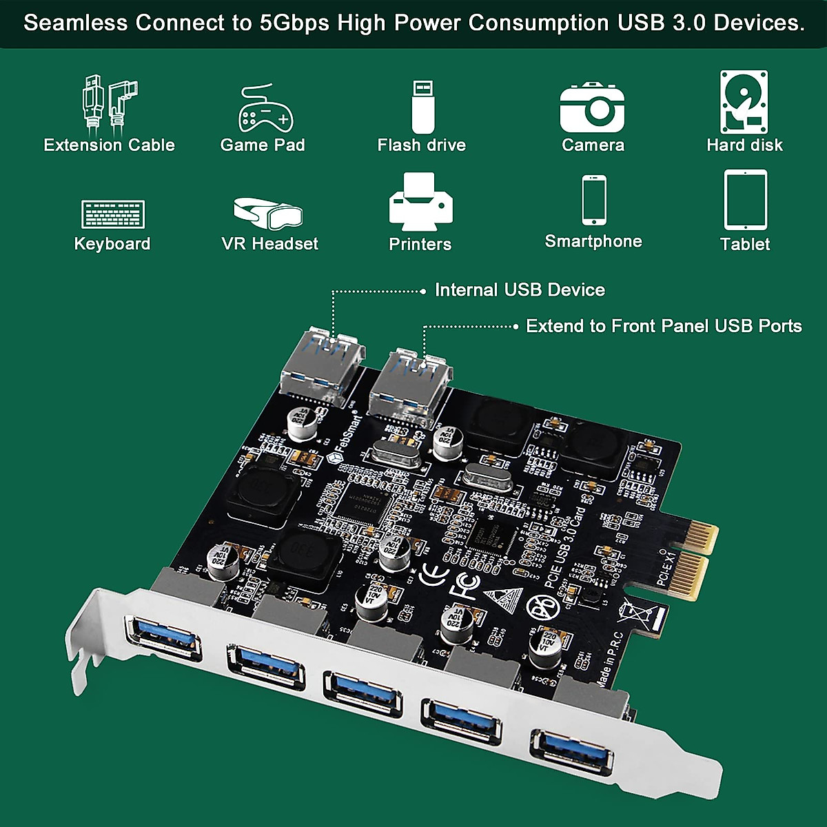 FebSmart 7-Ports Superspeed 5Gbps PCIE USB 3.0 Expansion Card for Windows 11, 10, 8.x, 7, Vista, XP Desktop PCs, Built in FebSmart Self-Powered Technology, No Need Additional Power Supply (FS-U7-Pro)