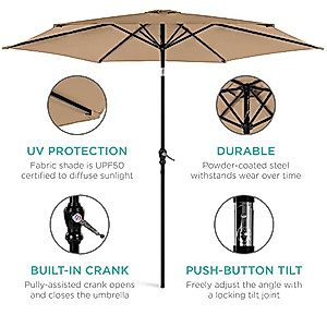 Best Choice Products 10ft Outdoor Steel Polyester Market Patio Umbrella w/Crank, Easy Push Button, Tilt, Table Compatible - Tan