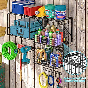 ThreeHio Garage Shelf Wall Mounted with Wire baskets, Heavy Duty Garage Wall Shelving with Garden Tool Rack and Hooks, Wire Shelf Baskets Tool Organizer for Home Garden Garage Organization and Storage