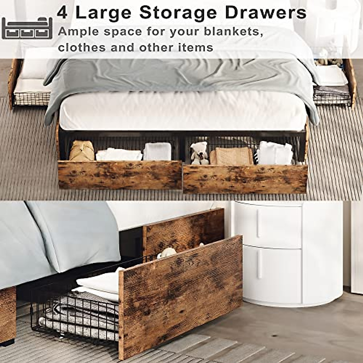 ANCTOR King Bed Frame with 4 Drawers, King Platform Bed Frame with Storage, Double-Reinforced Support/No Box Spring Needed//Easy Assembly