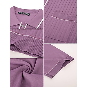 Mens Short Sleeve Knit Shirt Vintage Button Down Golf Polo Shirt Purple S