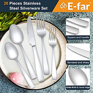 E-far Matte Silverware Set for 4, 20 Pieces Stainless Steel Flatware Eating Utensils Set for Home Kitchen Restaurant, Metal Forks Spoons and Knives with Square Handle, Dishwasher Safe