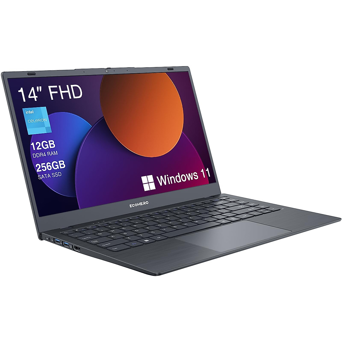 ECOHERO Laptop Computer, 12GB DDR4 RAM 256GB SSD, Intel J4005 Processor (Up to 2.7GHz), 14 Inch FHD 1920x1080 Display, Windows 11 Laptops Computers, 2.4G/5G WiFi and Bluetooth 5.1