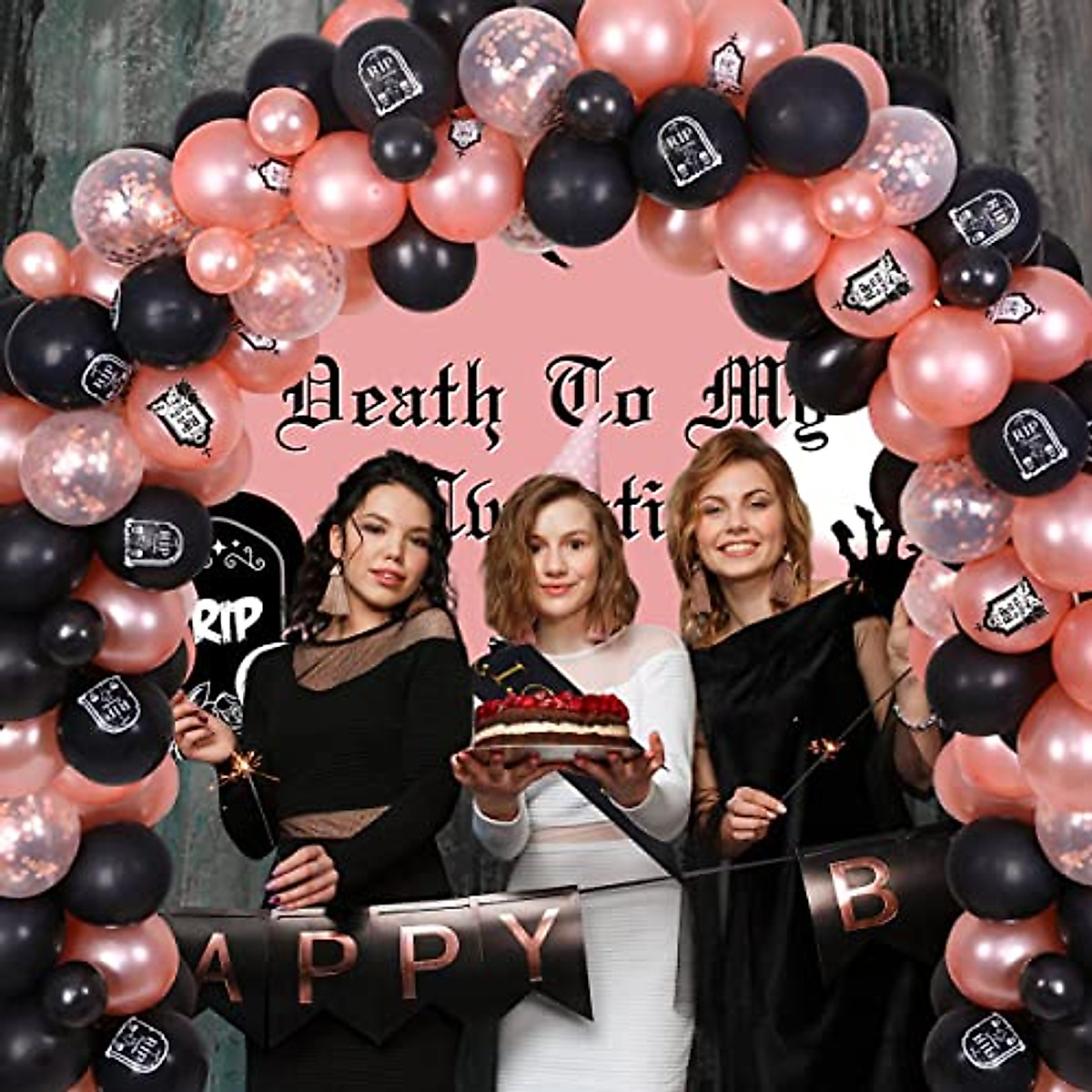 Funeral 30th Birthday Party Decorations for Women Black Rose Gold - Balloon Garland Death to My Twenties Backdrop Rip to My 20s Sash Number 30 Balloon for Funny Gothic Tombstone Skeleton Thirty Bday