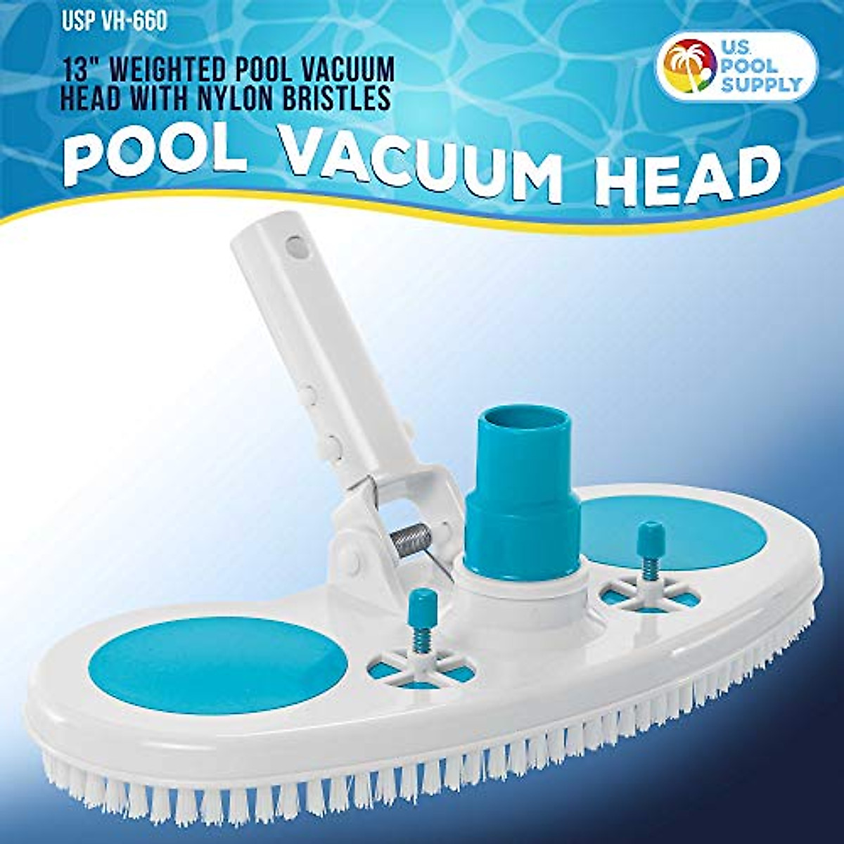 U.S. Pool Supply 13" Weighted Pool Vacuum Head with Nylon Bristles, Swivel Hose Connection, EZ Clip Handle - Connect 1-1/4" or 1-1/2" Hose - Removes Debris, Cleans Floors - Safe for Vinyl Lined Pools