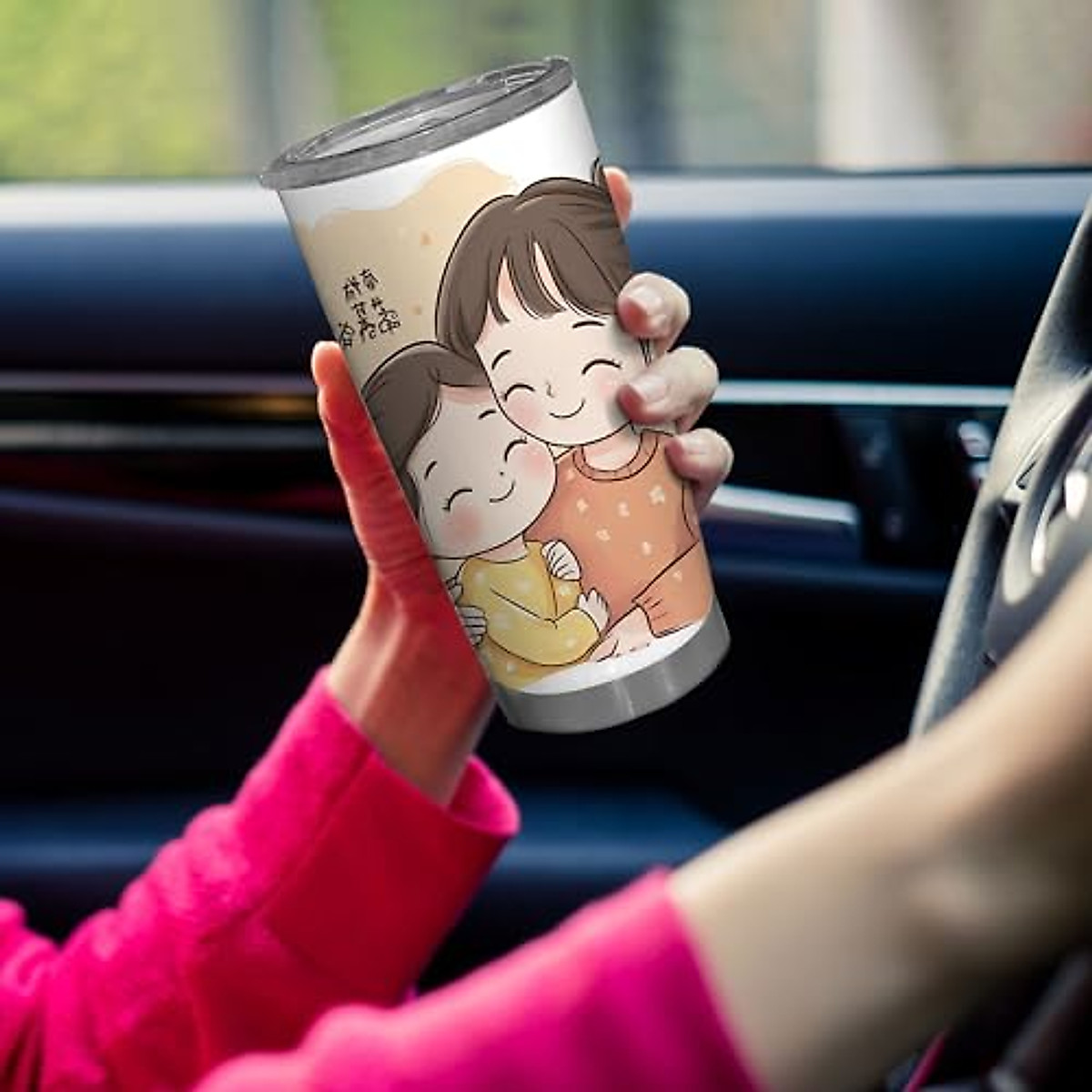 FOCIUZTA 20oz Whimsical Mother and Daughter Hug Tumbler with lid, Travel Coffee Cup, Ideal for Easter, Mother Day, and birthday gifts