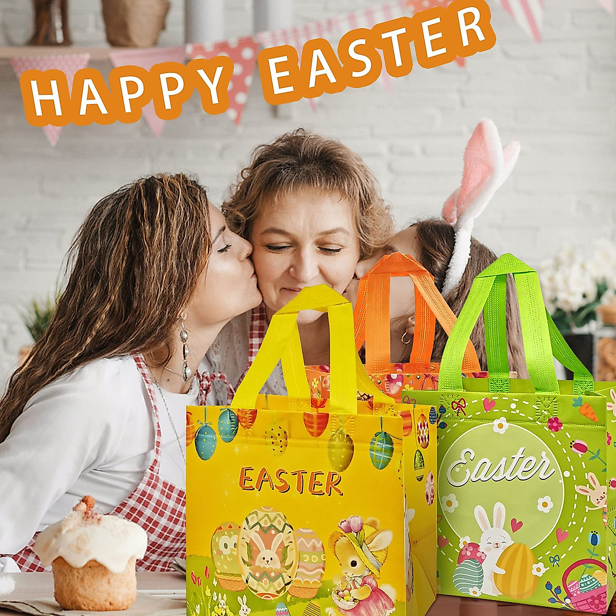 Easter Gift Bags 9 Piece, Easter Bags With Handles, Small Easter Egg Hunt Bags, Reusable Non-Woven Easter Tote Party Bags, Easter Goodie Bags Decorated With Rabbits, Eggs