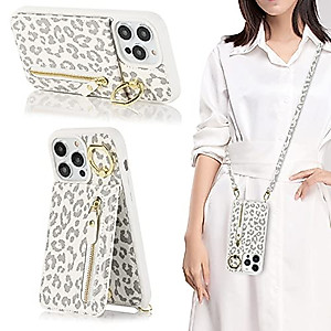 Jaorty iPhone 13 Pro Case for Women with Card Holder,iPhone 13 Pro Phone Case Wallet with Strap,Crossbody Lanyard Cases with Credit Card Slots Kickstand and Stand Case Ring Holder,6.1" White Leopard