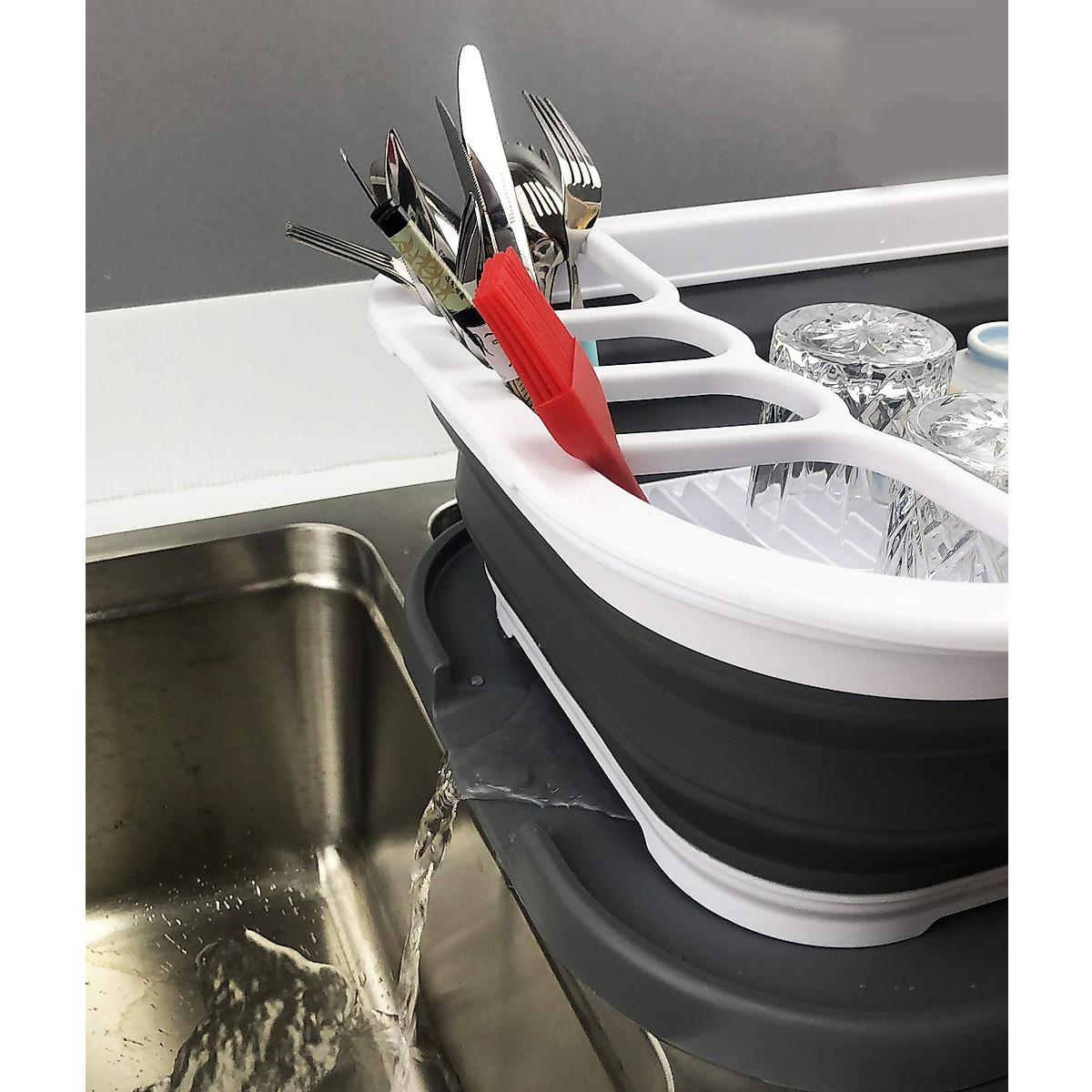 SAMMART 12L (3.17 Gallon) Collapsible Dish Drainer with Tray - Foldable Drying Rack Set - Portable Dinnerware Organizer - Space Saving Kitchen Storage Tray (1, White/Dark Grey)