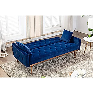 SLEERWAY Velvet Futon Sofa Bed with Two Pillows, Modern Sleeper Sofa Couch with 3 Adjustable Angles, Convertible Loveseat for Living Room and Bedroom, Blue