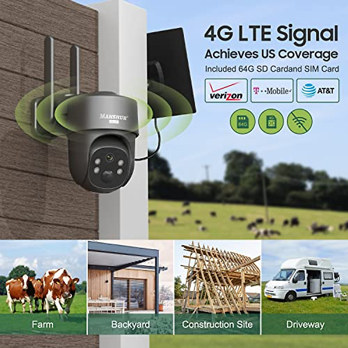 Manshur® 4G LTE Cellular Security Camera Wireless Outdoor Solar Powered, No WiFi Security Camera(Verizon AT&T T-Mobile), 2K/3MP Color Night Vision, Motion Sensor, 2 Way Talk, 64G SD&SIM Card Included