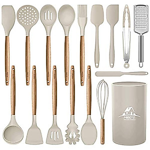 MIBOTE 17 Pcs Silicone Cooking Kitchen Utensils Set with Holder, Wooden Handles BPA Free Non Toxic Silicone Turner Tongs Spatula Spoon Kitchen Gadgets Utensil Set for Nonstick Cookware (Khaki)