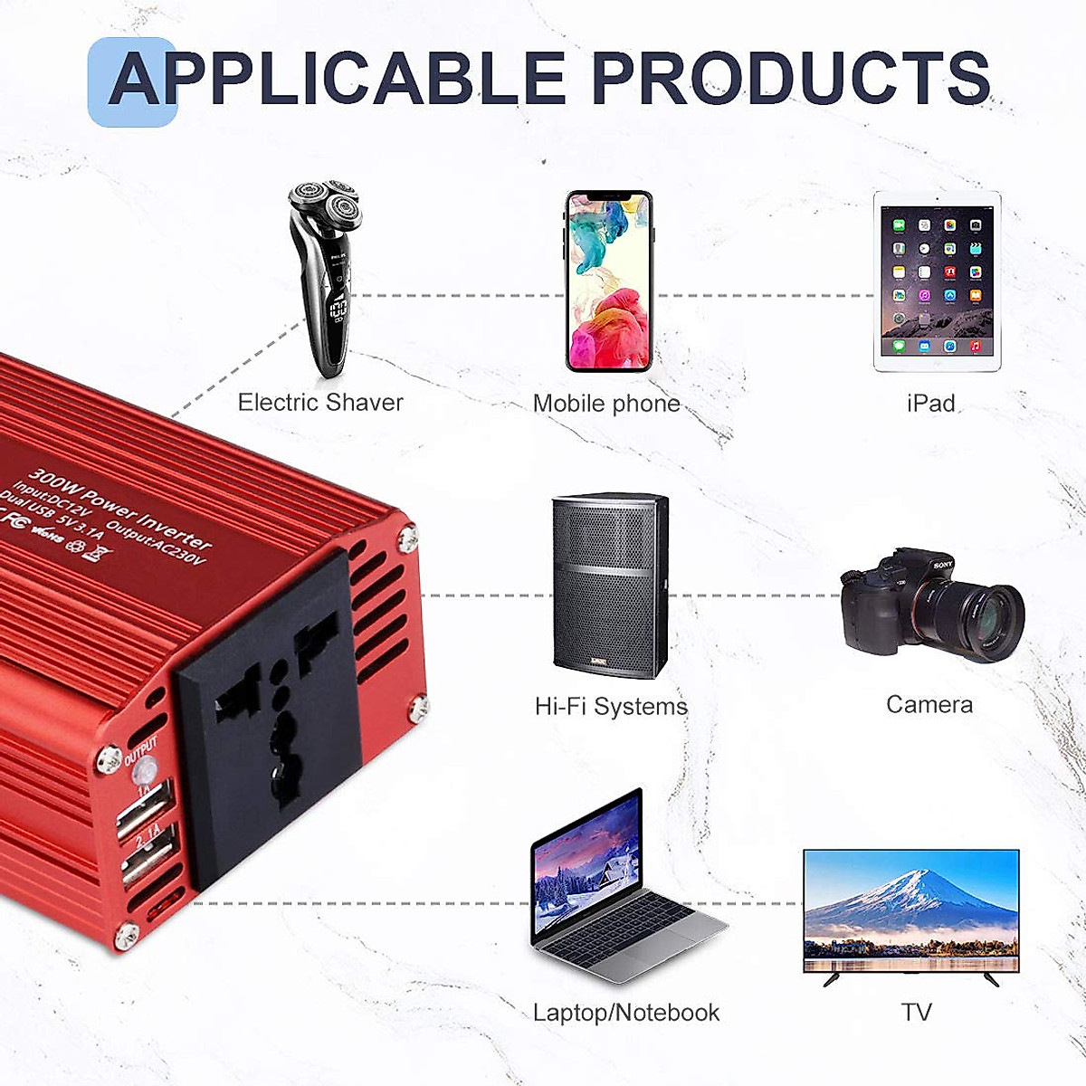 300W Car AC Power Inverter DC 12V to 110V for Vehicles Converter 3.1A Dual USB Fast Charging Ports Car Charger Adapter,Red