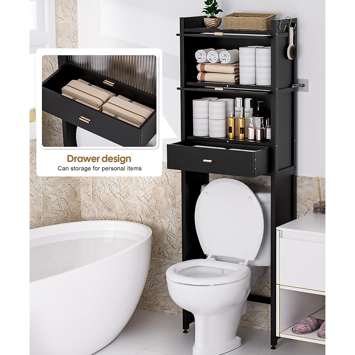 Cozivolife Over The Toilet Storage Cabinet with Drawer and Flip Door,Bamboo Bathroom Organizer Shelf with Anti-Tip Design and Waterproof Feet Pad,Freestanding Rack Above Toilet Space Saver (Black)