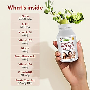 ANDREW LESSMAN Healthy Hair, Skin & Nails 60 Capsules – 5000 mcg High Bioactivity Biotin, B-Complex - Promotes Beautiful Hair, Skin, Strong Nails - No Additives Hair Growth Vitamins Biotin Supplement