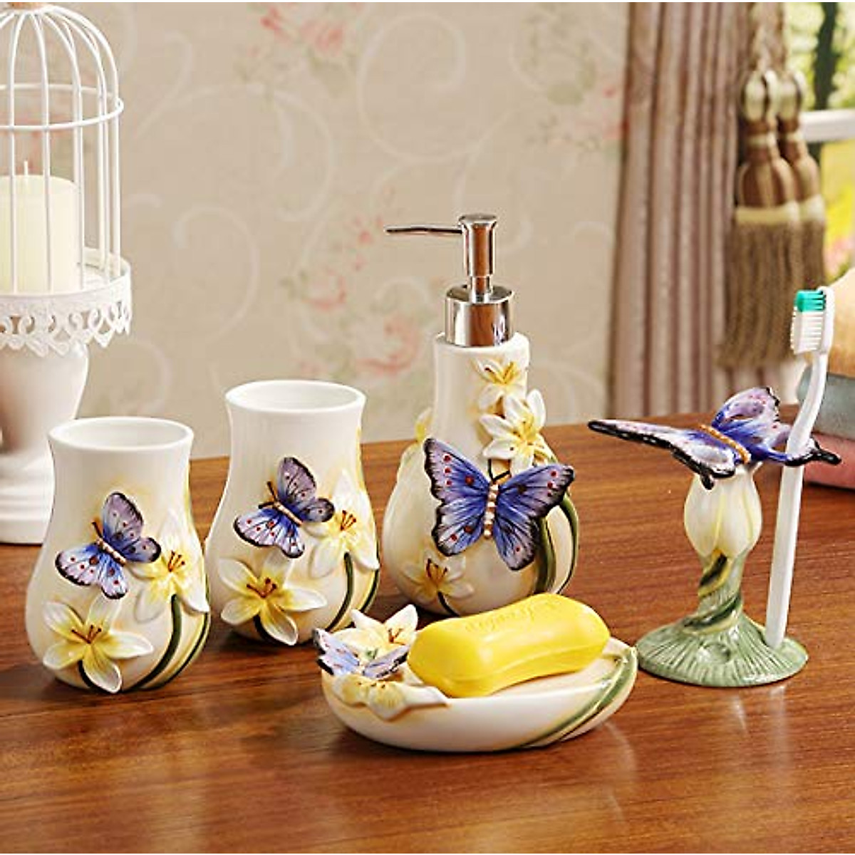 FORLONG Ceramic Bathroom Accessory Set Dancing Butterfly Ceramic 5 Pieces Set,Including Toothbrush Holders,2 Gargle Tooth-Brushing Cups,Soap Dishes,Soap & Lotion Dispenser