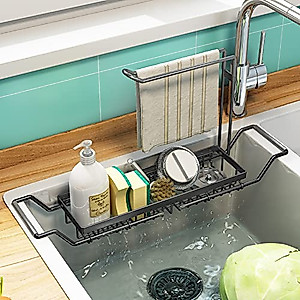 Sponge Holder for Kitchen Sink Telescopic Sink Storage Rack, Expandable for Sponge Brush Soap Dish Cloth Rag 16.7" to 21.3"(201 Stainless Steel) (Black Upgrade)
