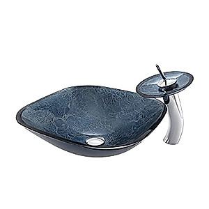 Bathroom Vessel Sink with Drain Combo, Countertop Bathroom Sink Bowl Tempered Glass Vanity Sink Bowl On the Top Navy Blue Vessel Bowl Sink, Does Not Include Faucet,Oval (Square Oval)