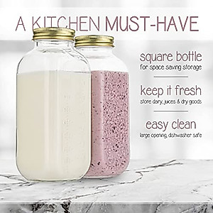 32oz Square Glass Milk Bottle with Metal Airtight Lids - Vintage Reusable Milk Jugs - Dairy Drinking Containers for Milk, Yogurt, Smoothies, Kefir, Kombucha, and Water- by kitchentoolz