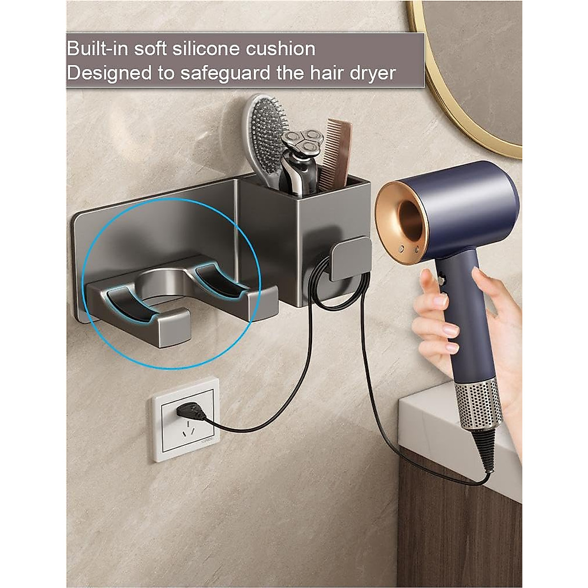 ALOeu Hair Dryer Holder Wall Mounted, Aluminum Organizer Rack with Self Adhesive for Shark or Dyson Supersonic Hair Dryer, grey