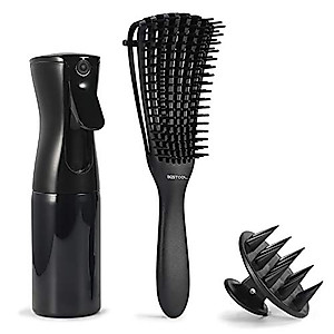BESTOOL Detangling Brush for Curly Hair 3 pcs Set with Detangler Brush, Spray Bottle, Silicone Shampoo Brush - Great for Natural Curly, Thick, All Wet or Dry Hair (Black)