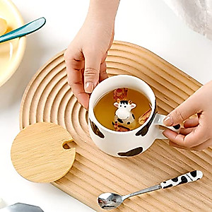 BigNoseDeer Cute Ceramic Cow Coffee Mug with 3D Animal Inside Kawaii Tea Cup with Spoon and Lid Cow Print Stuff Christmas Gifts Birthday Mother's Day Cute Gifts for Women Kids 12oz (Cow)