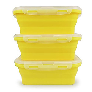 CCyanzi Set of 3 Yellow Collapsible Food Containers Collapsible Camping Bowl Silicone Storage Containers, Safe to Microwave and Freezer, 800ml